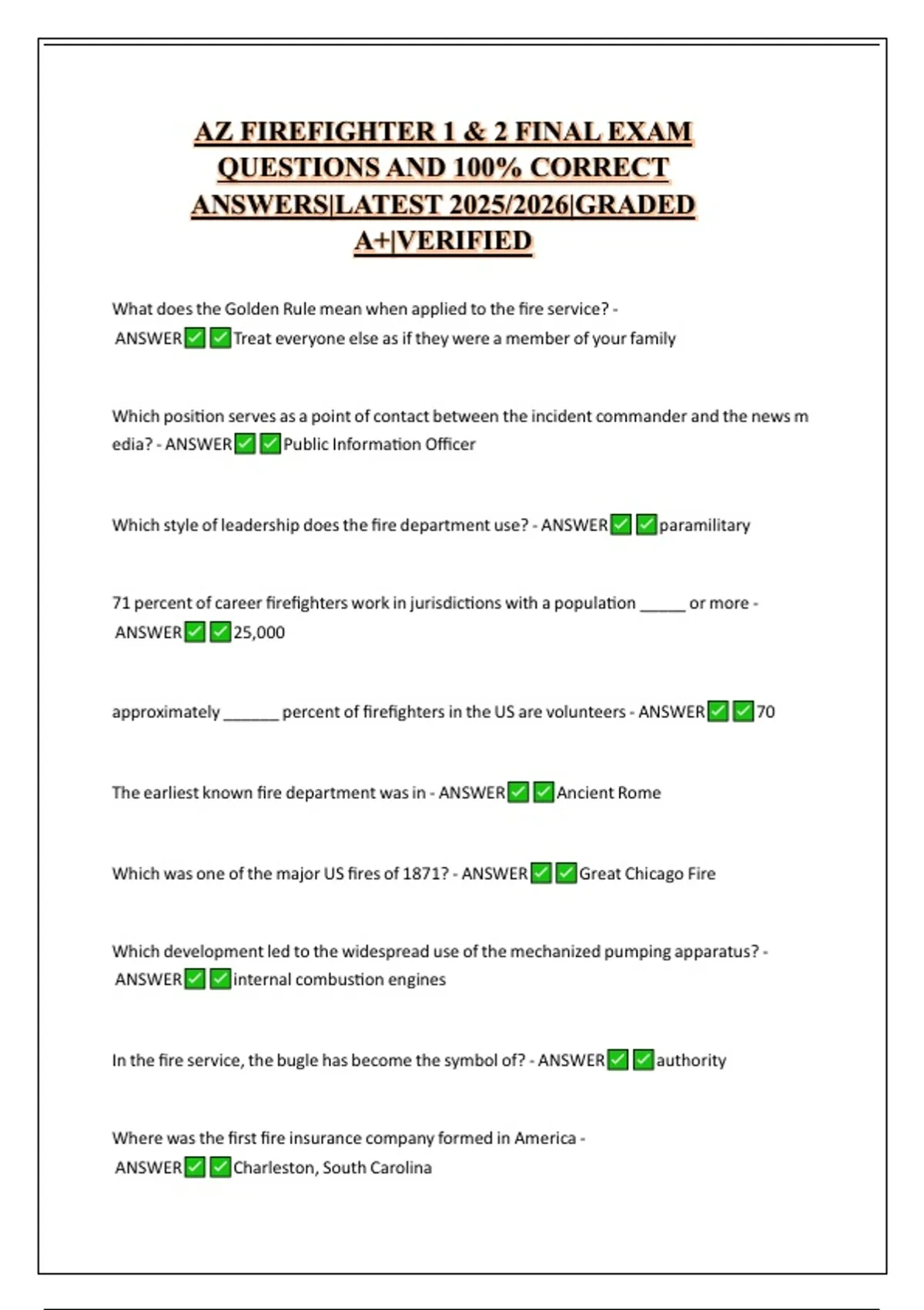AZ FIREFIGHTER 1 & 2 FINAL EXAM QUESTIONS AND 100% CORRECT ANSWERS ...