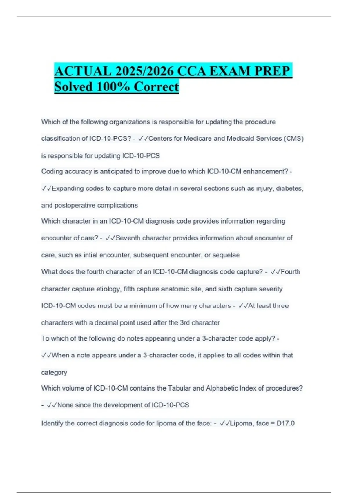 ACTUAL 2025/2026 CCA EXAM PREP Solved 100% Correct - CCA Clinical ...