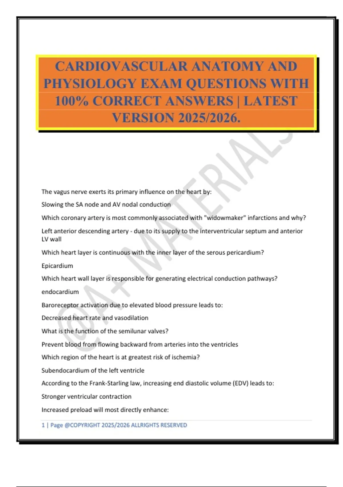 CARDIOVASCULAR ANATOMY AND PHYSIOLOGY EXAM QUESTIONS WITH 100% CORRECT ...