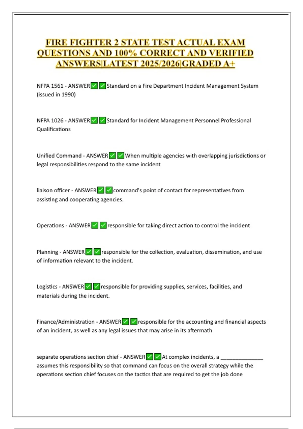 FIRE FIGHTER 2 STATE TEST ACTUAL EXAM QUESTIONS AND 100% CORRECT AND ...