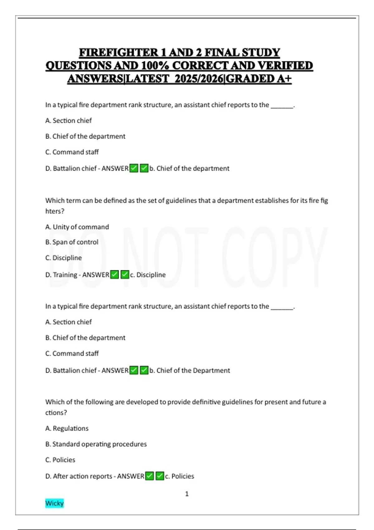 FIREFIGHTER 1 AND 2 FINAL STUDY QUESTIONS AND 100% CORRECT AND VERIFIED ...