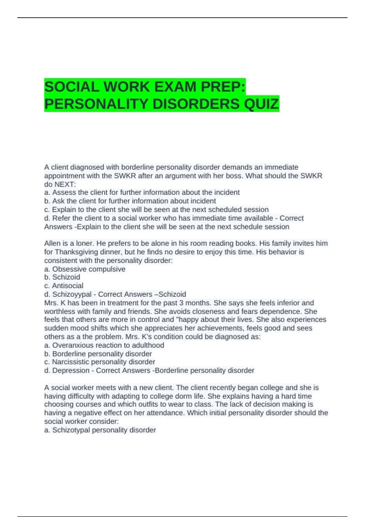 SOCIAL WORK EXAM PREP PERSONALITY DISORDERS QUIZ QUESTIONS WITH CORRECT ...