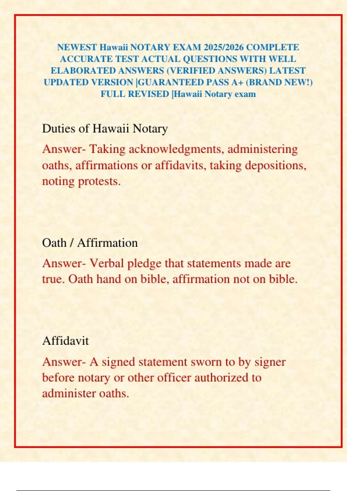 NEWEST Hawaii NOTARY EXAM 2025/2026 COMPLETE ACCURATE TEST ACTUAL ...
