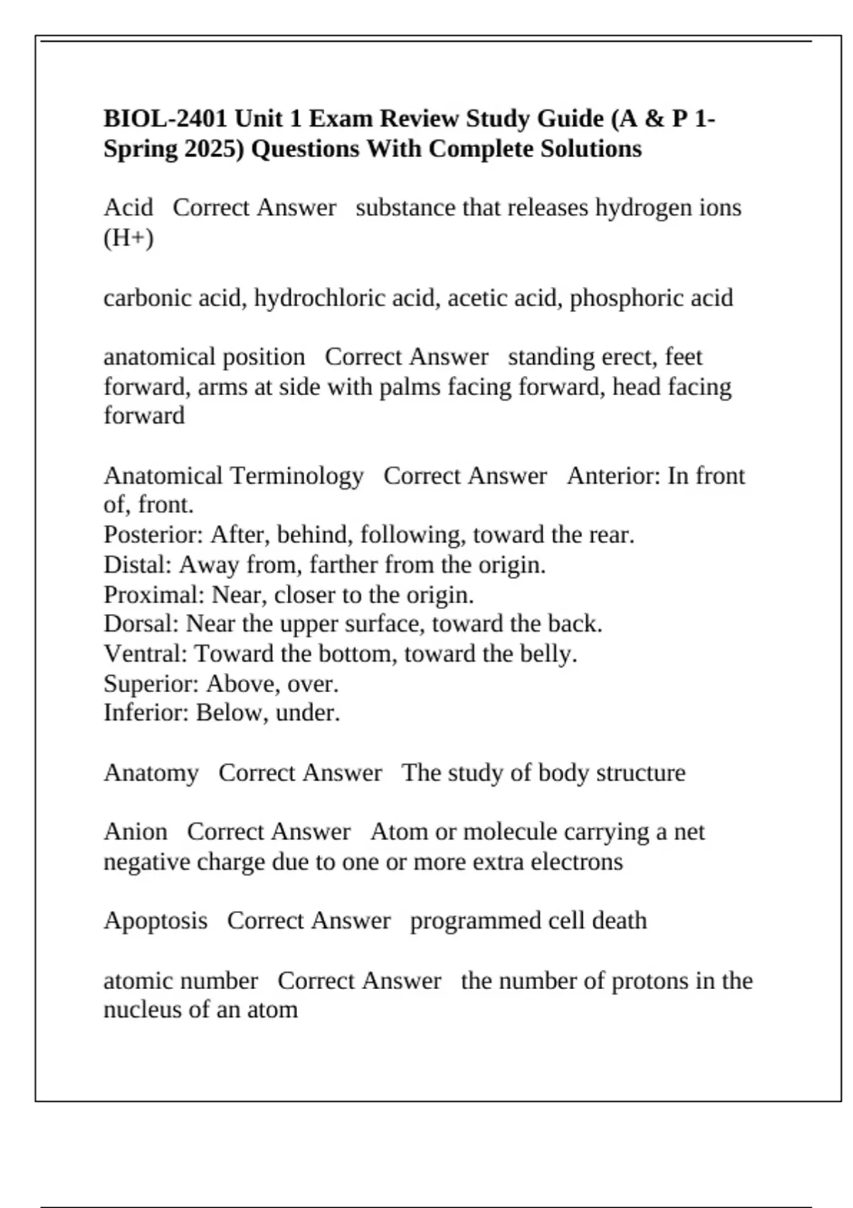 BIOL-2401 Unit 1 Exam Review Study Guide (A & P 1- Spring 2025 ...