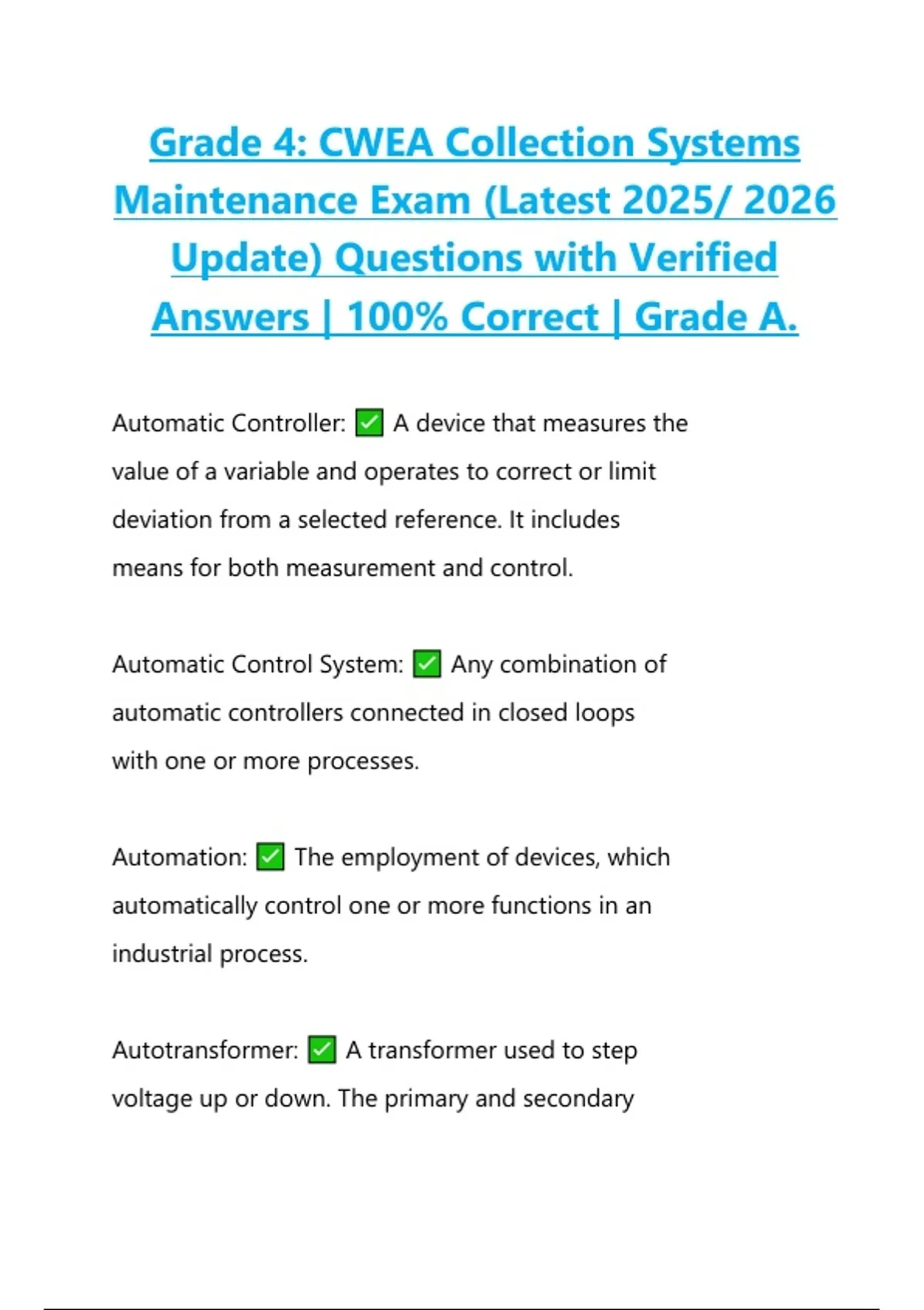 Grade 4: CWEA Collection Systems Maintenance Exam (Latest 2025/ 2026 ...