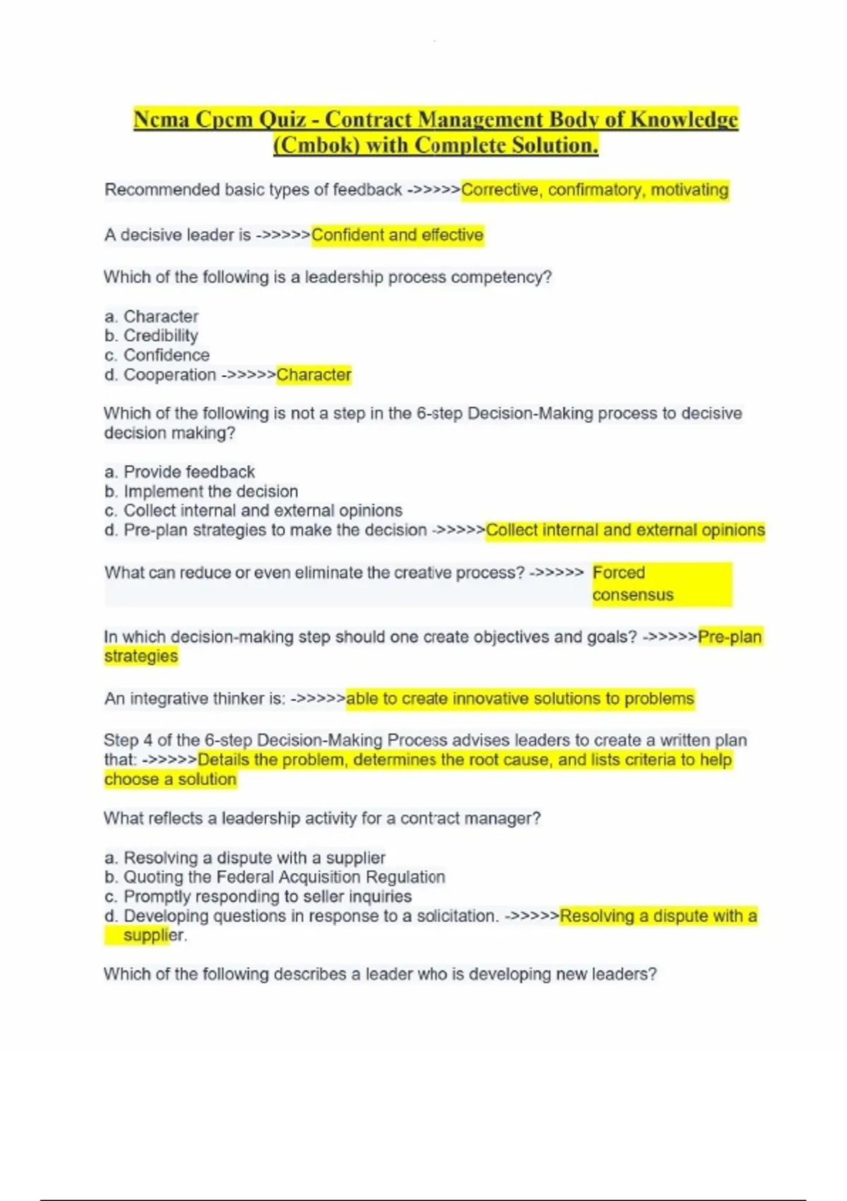 Ncma Cpcm Quiz - Contract Management Body of Knowledge (Cmbok) with Complete Solution. - Ncma ...