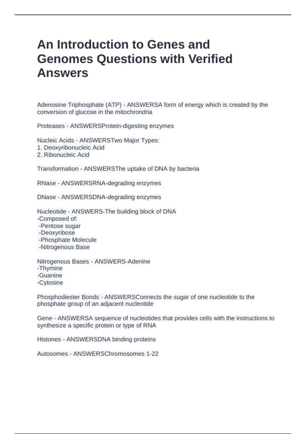 An Introduction to Genes and Genomes Questions with Verified Answers ...