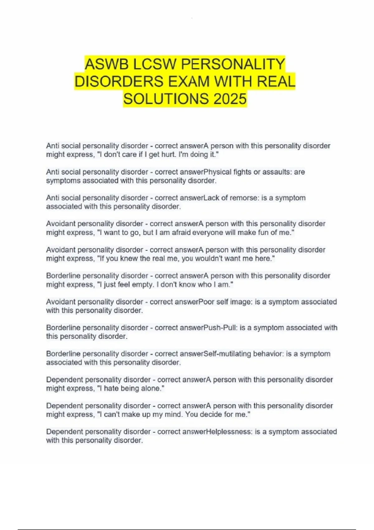 ASWB LCSW PERSONALITY DISORDERS EXAM WITH REAL SOLUTIONS 2025 - ASWB ...
