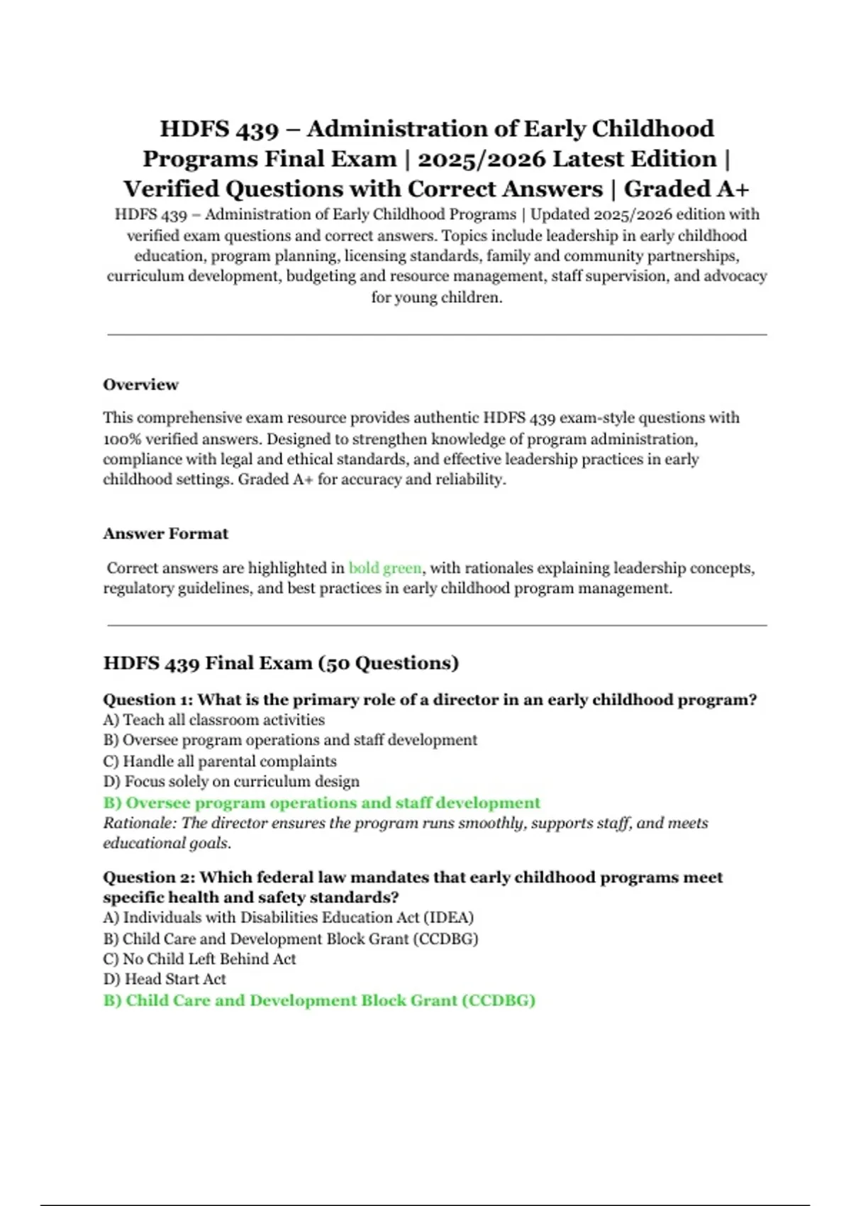 HDFS 439 – Administration of Early Childhood Programs Final Exam | 2025 ...