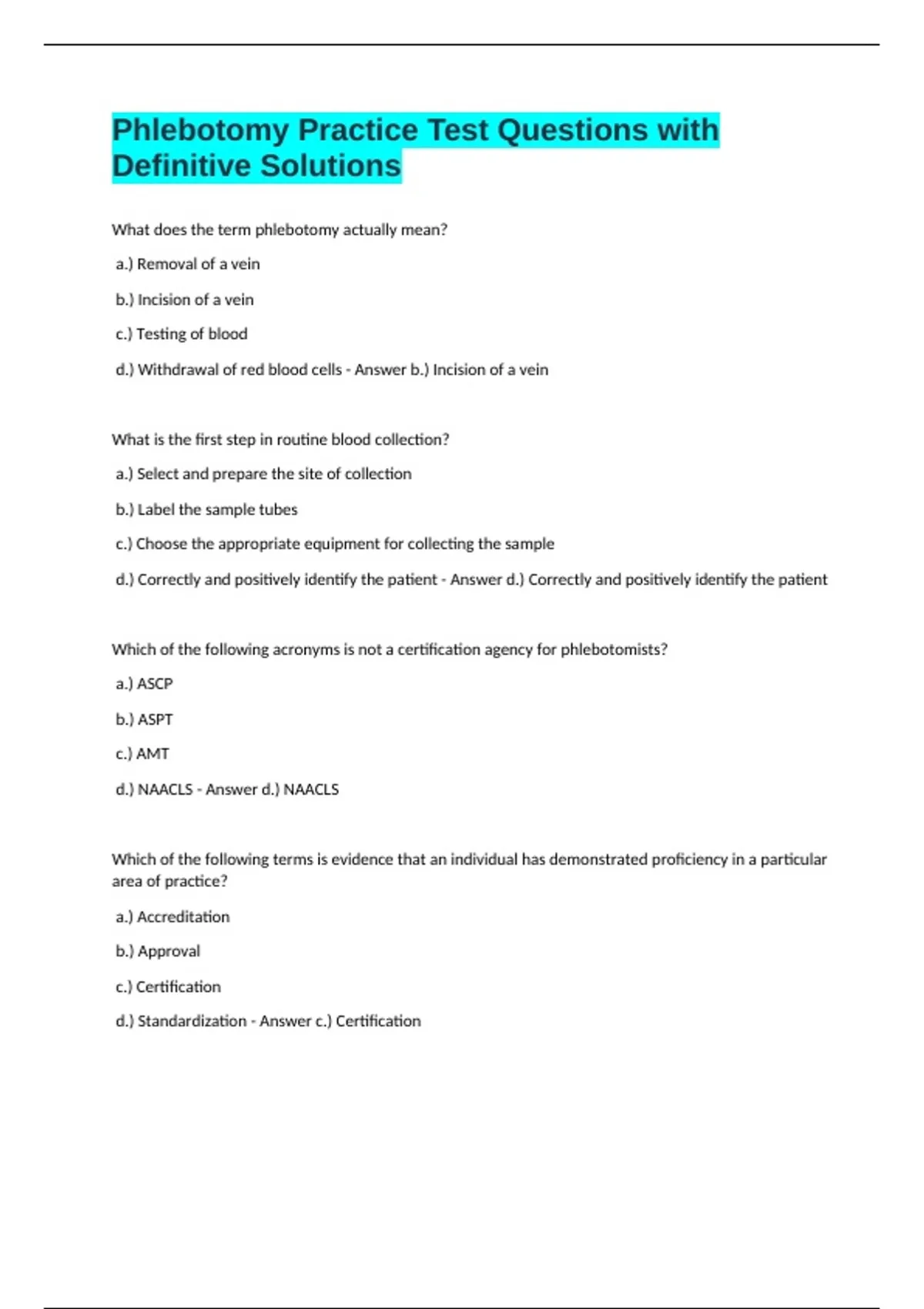 Phlebotomy Practice Test Questions with Definitive Solutions - AMCA ...