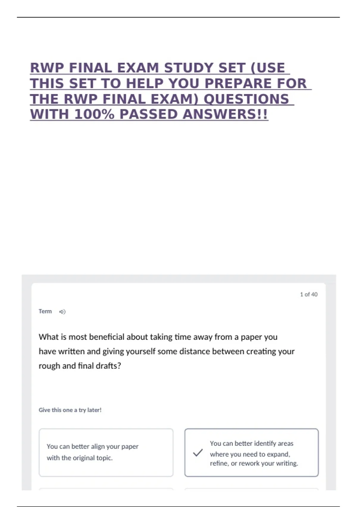 RWP FINAL EXAM STUDY SET (USE THIS SET TO HELP YOU PREPARE FOR THE RWP ...