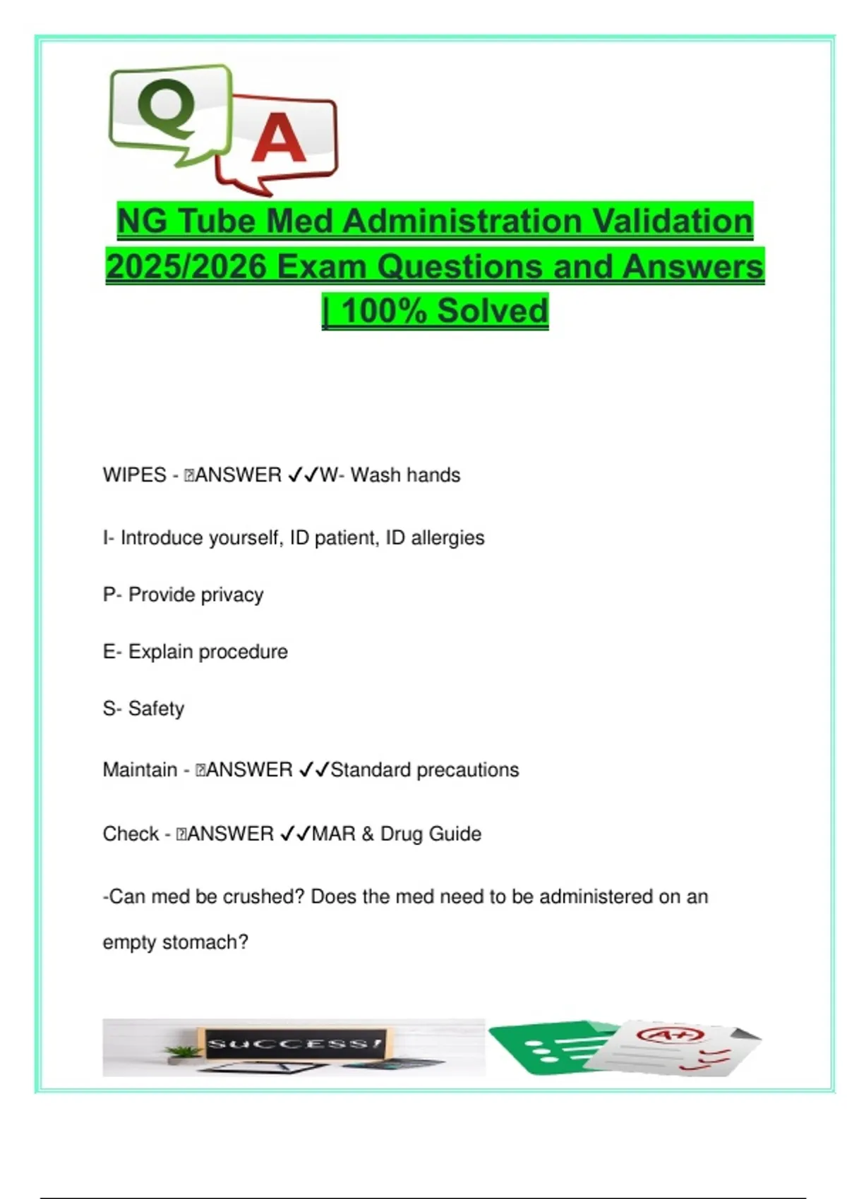NG Tube Medication Administration Validation | 2025/2026 | Step-by-Step Q&A Guide | Full ...