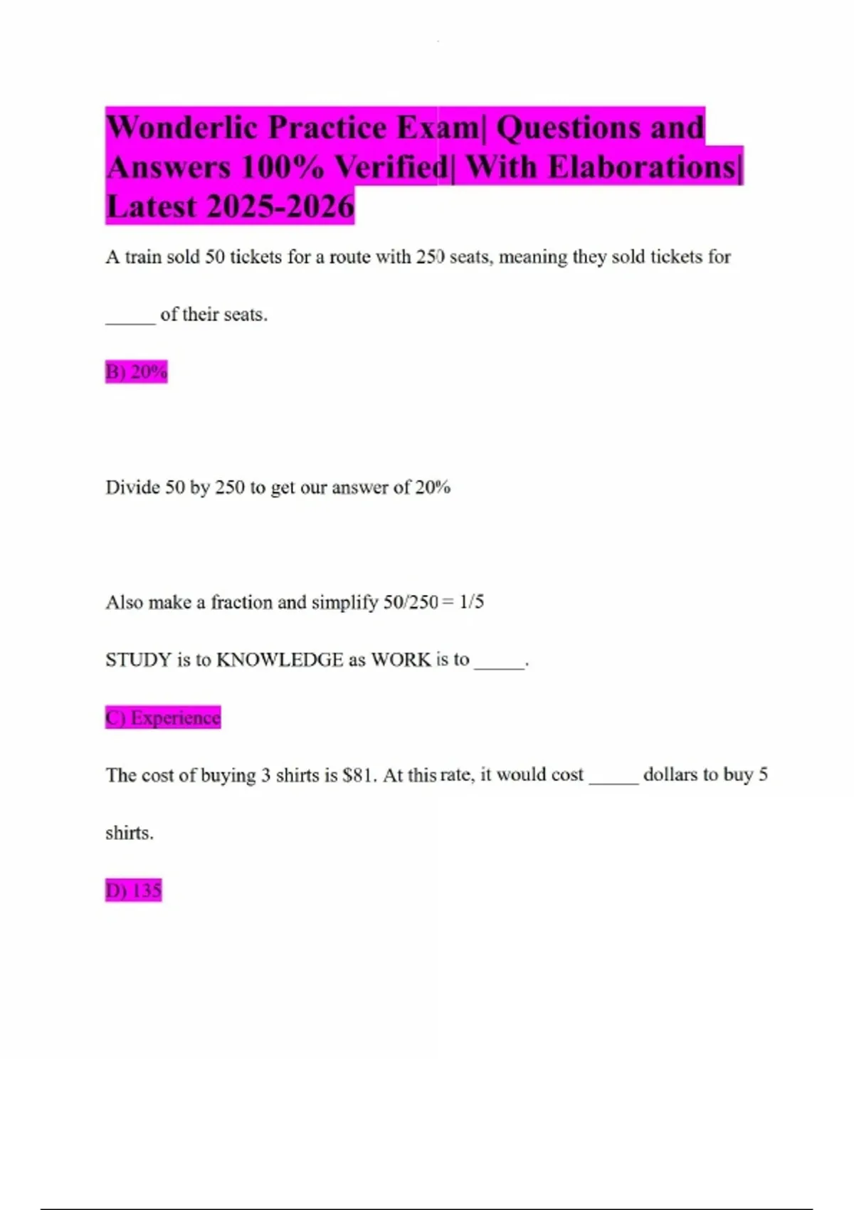 Wonderlic Practice Exam| Questions and Answers 100% Verified| With ...