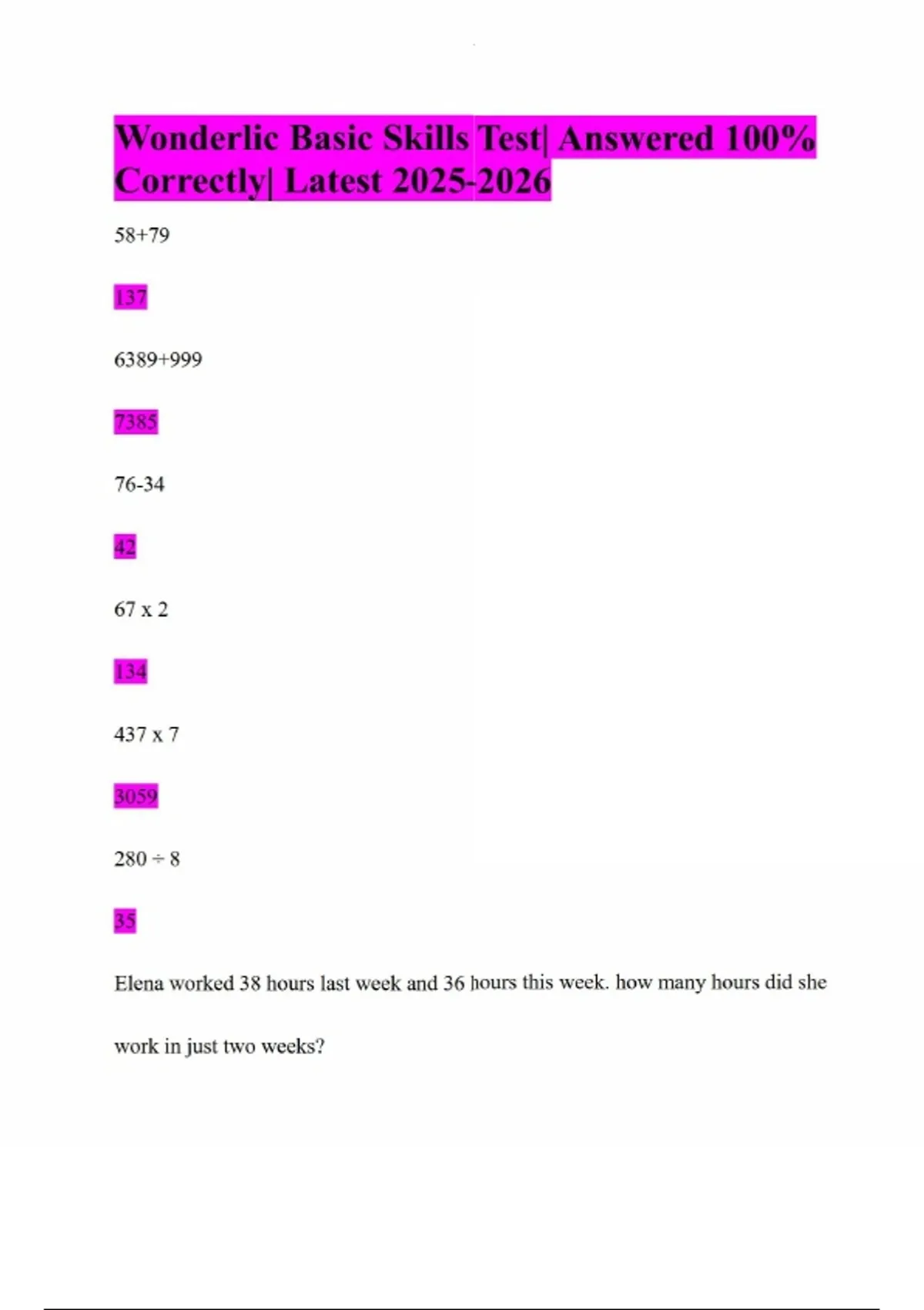 Wonderlic Basic Skills Test| Answered 100% Correctly| Latest ...