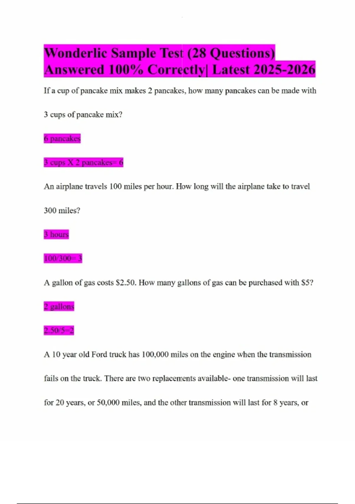 Wonderlic Sample Test (28 Questions) Answered 100% Correctly| Latest ...