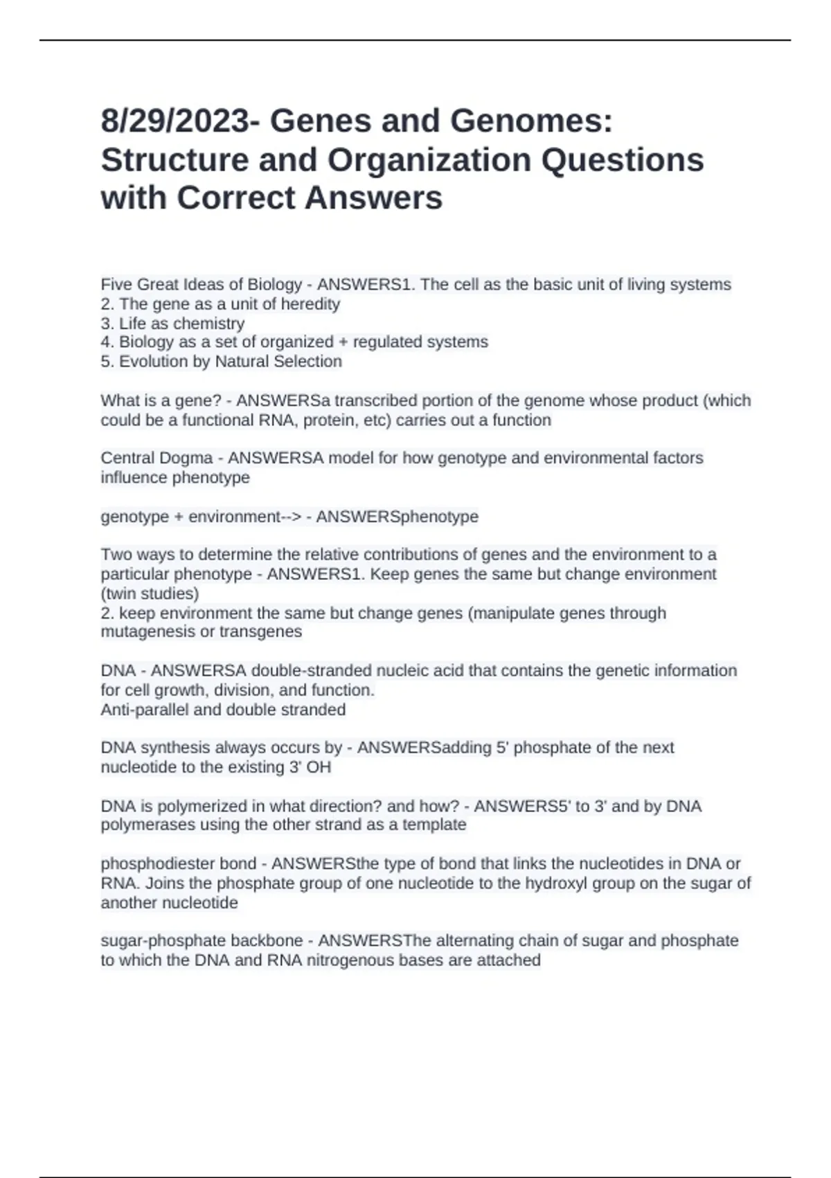 Genes and Genomes: Structure and Organization Questions with Correct ...