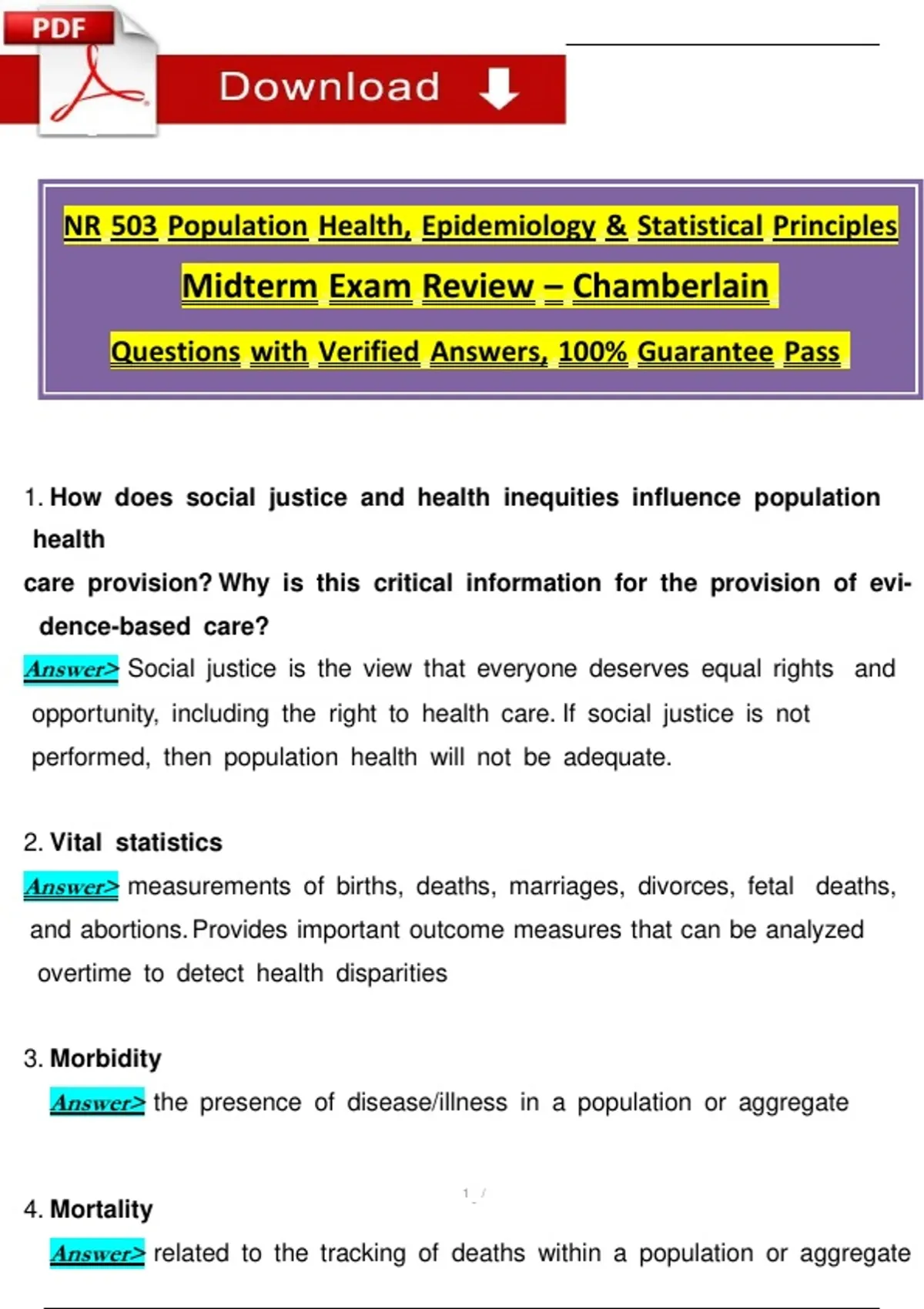 NR 503 Population Health, Epidemiology & Statistical Principles Midterm Exam Review ...