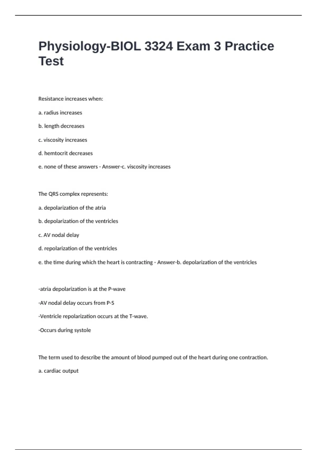 Physiology-BIOL 3324 Exam 3 Practice Test Questions with Correct ...