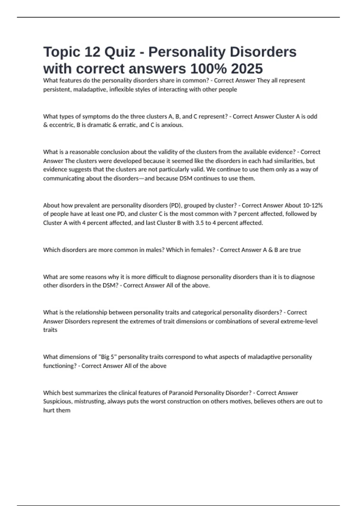 Self-Exam Questions - Personality Disorders with correct answers 100% ...