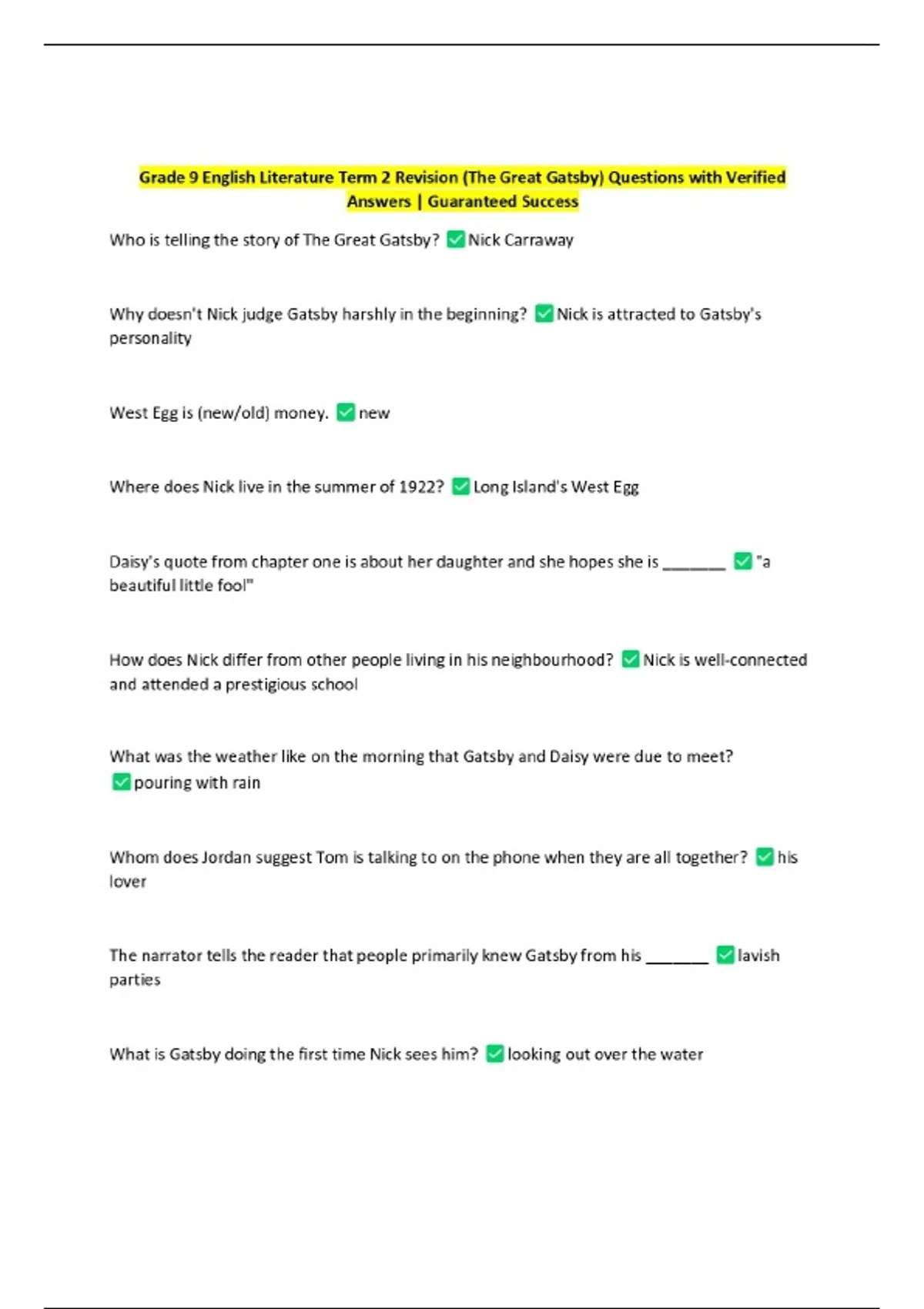 Grade 9 English Literature Term 2 Revision (The Great Gatsby) Questions ...