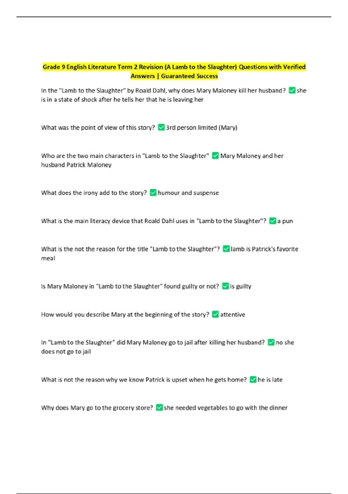 Grade 9 English Literature Term 2 Revision (A Lamb to the Slaughter ...