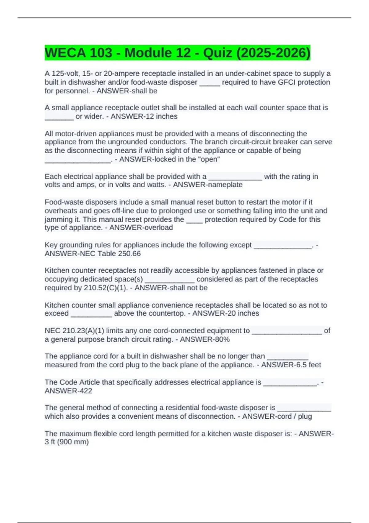 WECA 103 - Module 12 - Quiz () - WECA 103 - Stuvia US