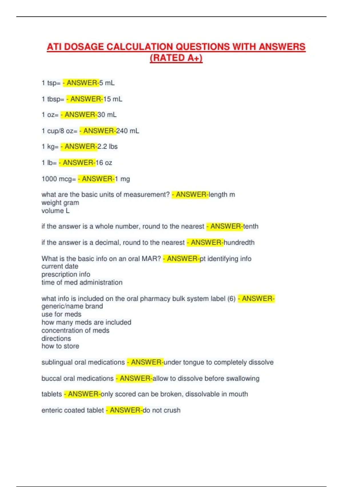 ATI DOSAGE CALCULATION QUESTIONS WITH ANSWERS (RATED A+) - Dosage ...