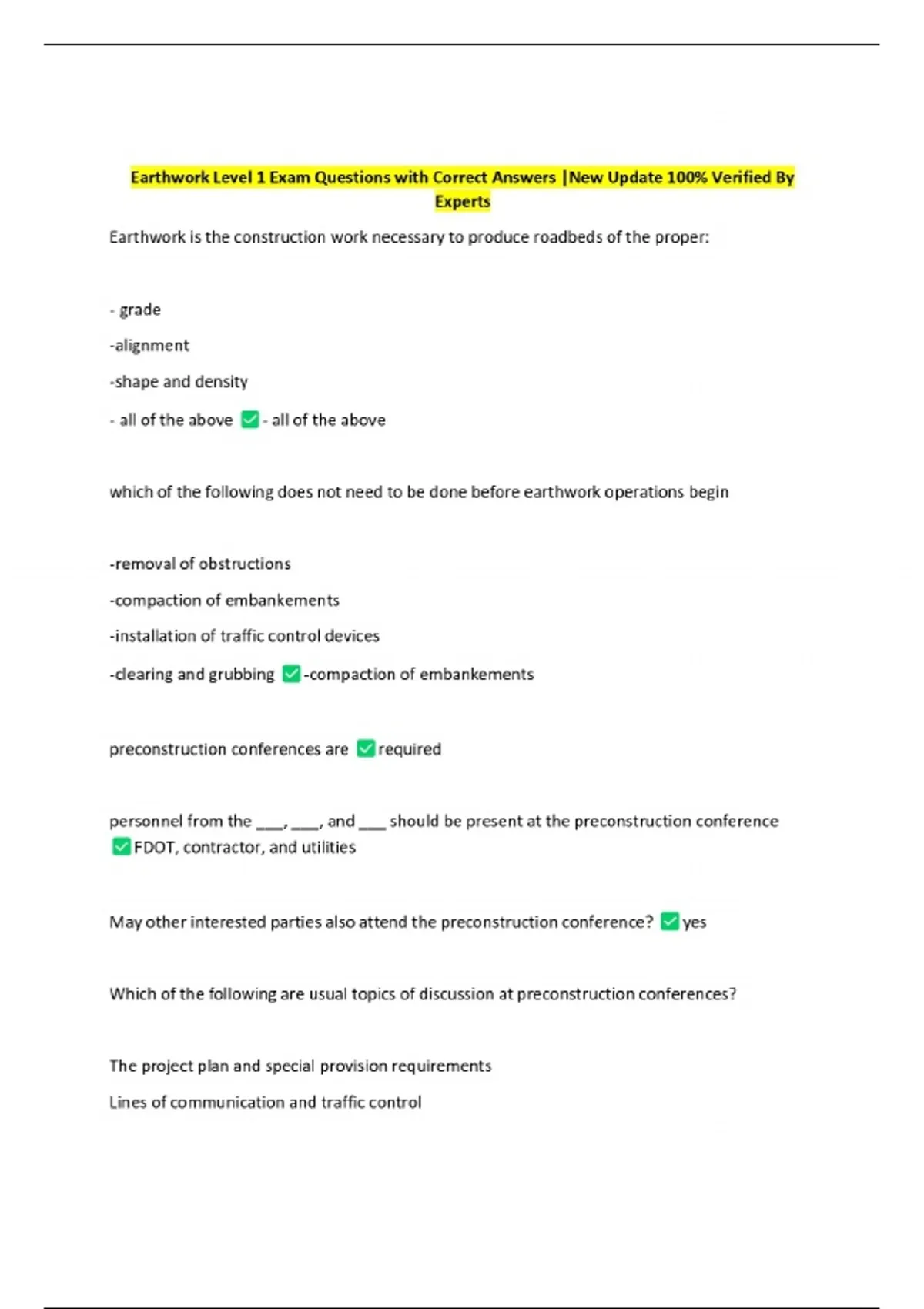 Earthwork Level 1 Exam Questions with Correct Answers |New Update 100% ...