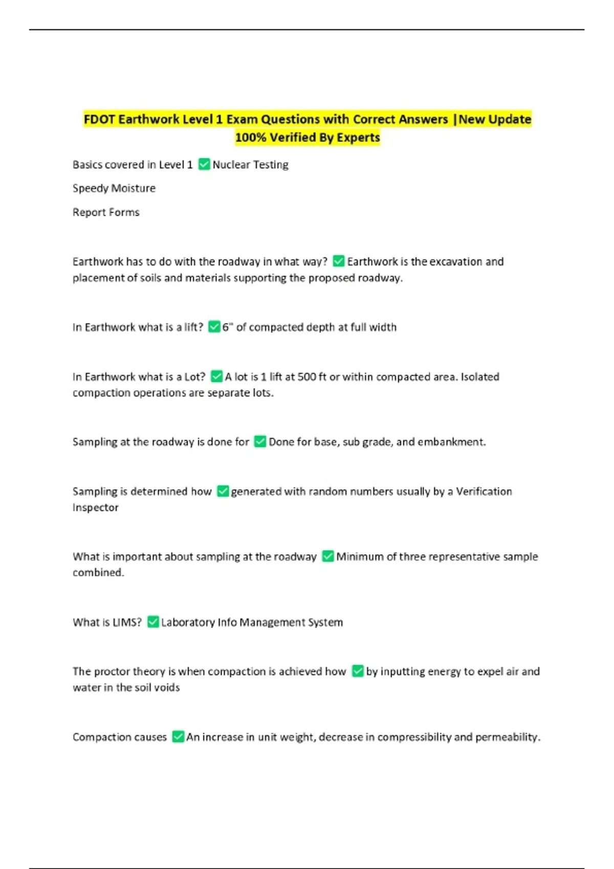 FDOT Earthwork Level 1 Exam Questions with Correct Answers |New Update ...