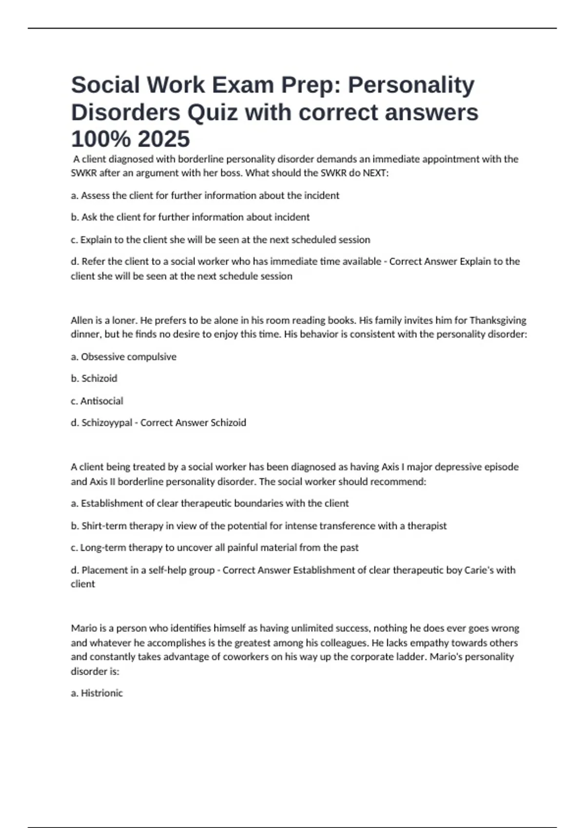 Social Work Exam Prep: Personality Disorders Quiz with correct answers ...