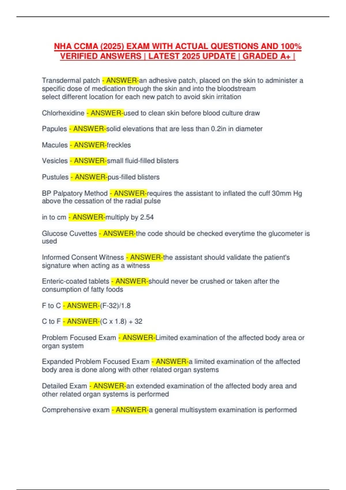 NHA CCMA EXAM, MEDICAL ASSISTANT CERTIFICATION, NHA CCMA TEST BANK ...