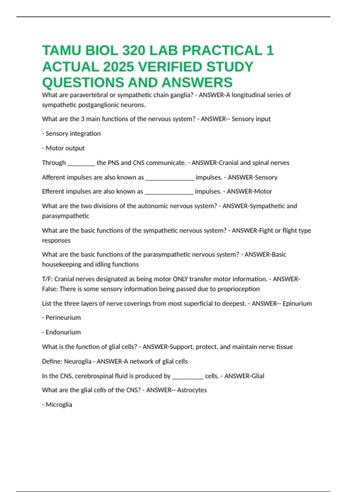TAMU BIOL 320 LAB PRACTICAL 1 ACTUAL 2025 VERIFIED STUDY QUESTIONS AND ...