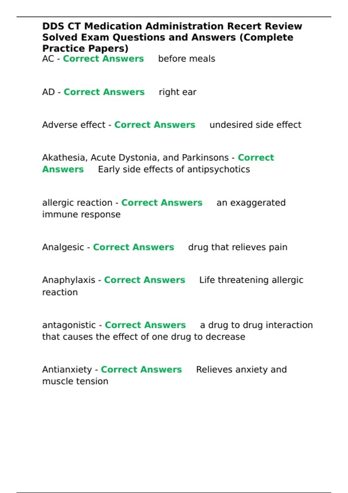 Summary DDS CT Medication Administration Recert Review Solved Exam ...