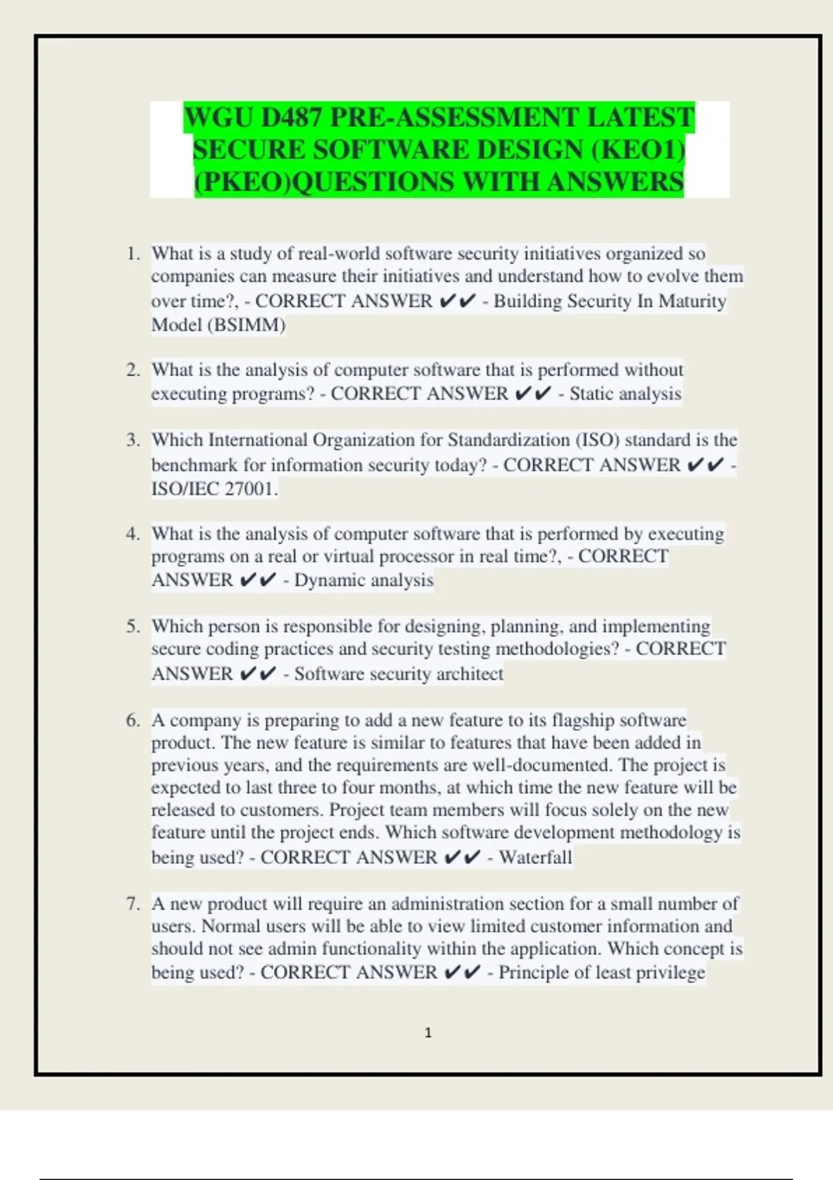 "WGU D487 Pre-Assessment: Secure Software Design (KEO1) Questions and Answers | Complete Guide ...