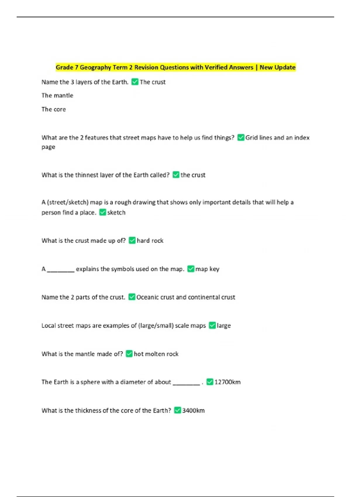 Grade 7 Geography Term 2 Revision Questions with Verified Answers | New ...