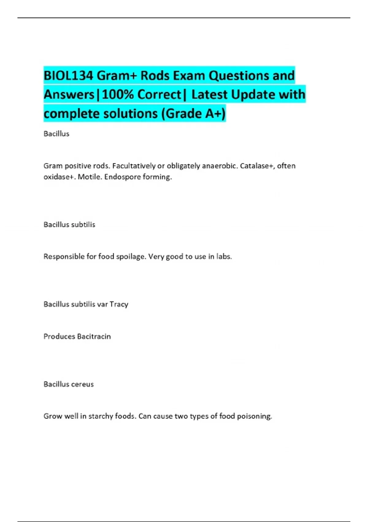BIOL134 Gram+ Rods Exam Questions and Answers|100% Correct| Latest ...