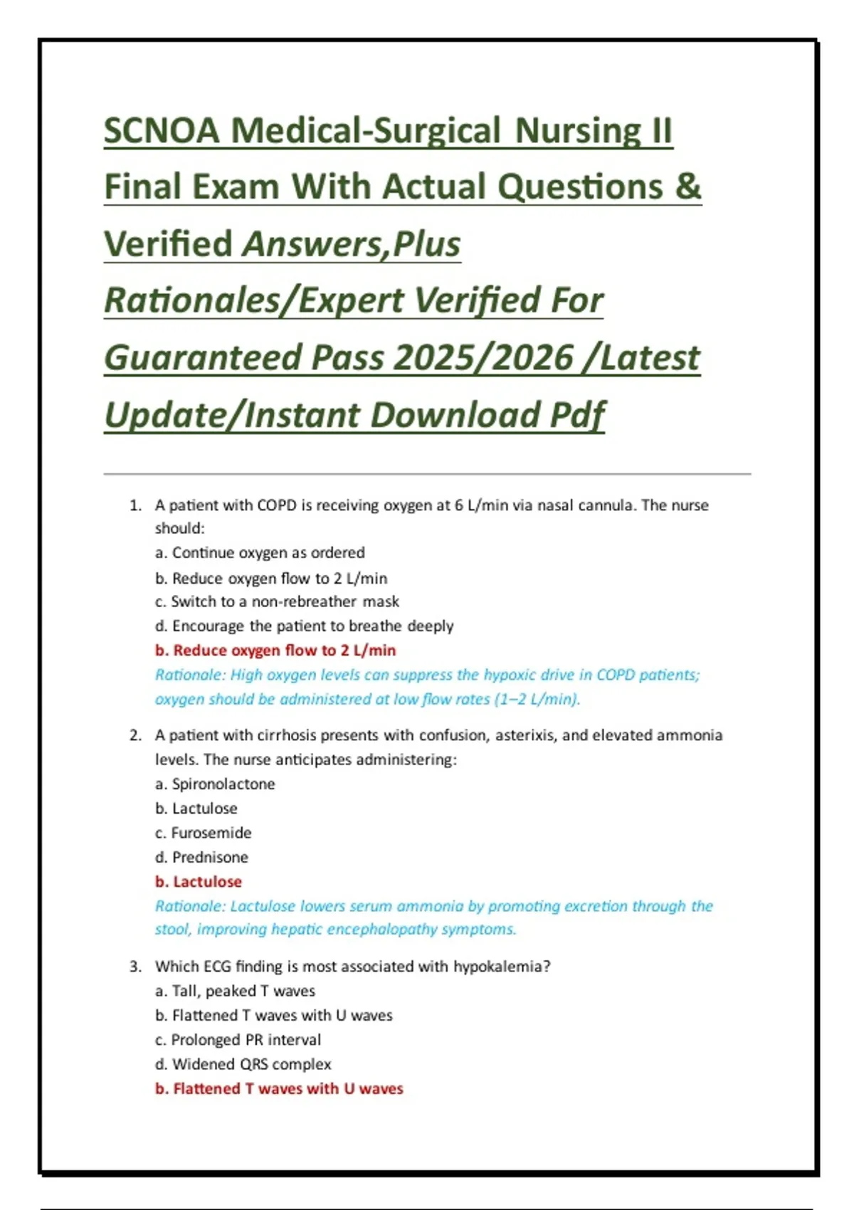 SCNOA Medical-Surgical Nursing II Final Exam With Actual Questions ...