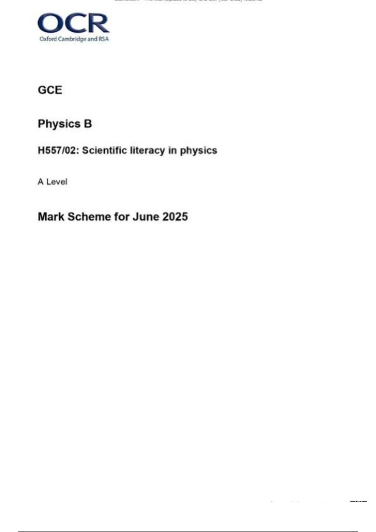 OCR A Level Physics B Paper 2(H557/02) Official MARKSCHEME for JUNE 2025-Scientific litaracy in ...