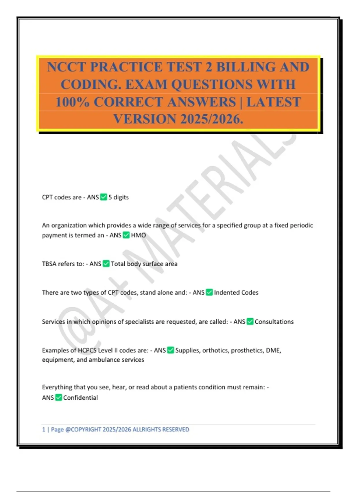 NCCT PRACTICE TEST 2 BILLING AND CODING. EXAM QUESTIONS WITH 100% ...