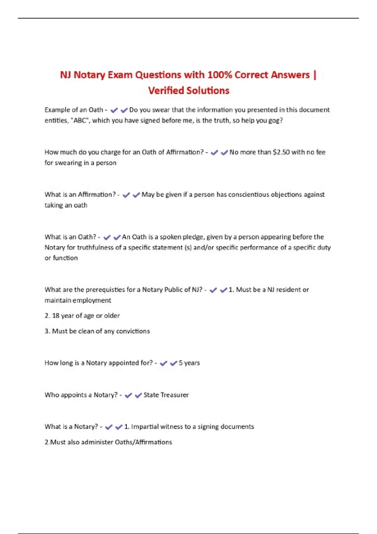 NJ Notary Exam Questions with 100% Correct Answers | Verified Solutions ...
