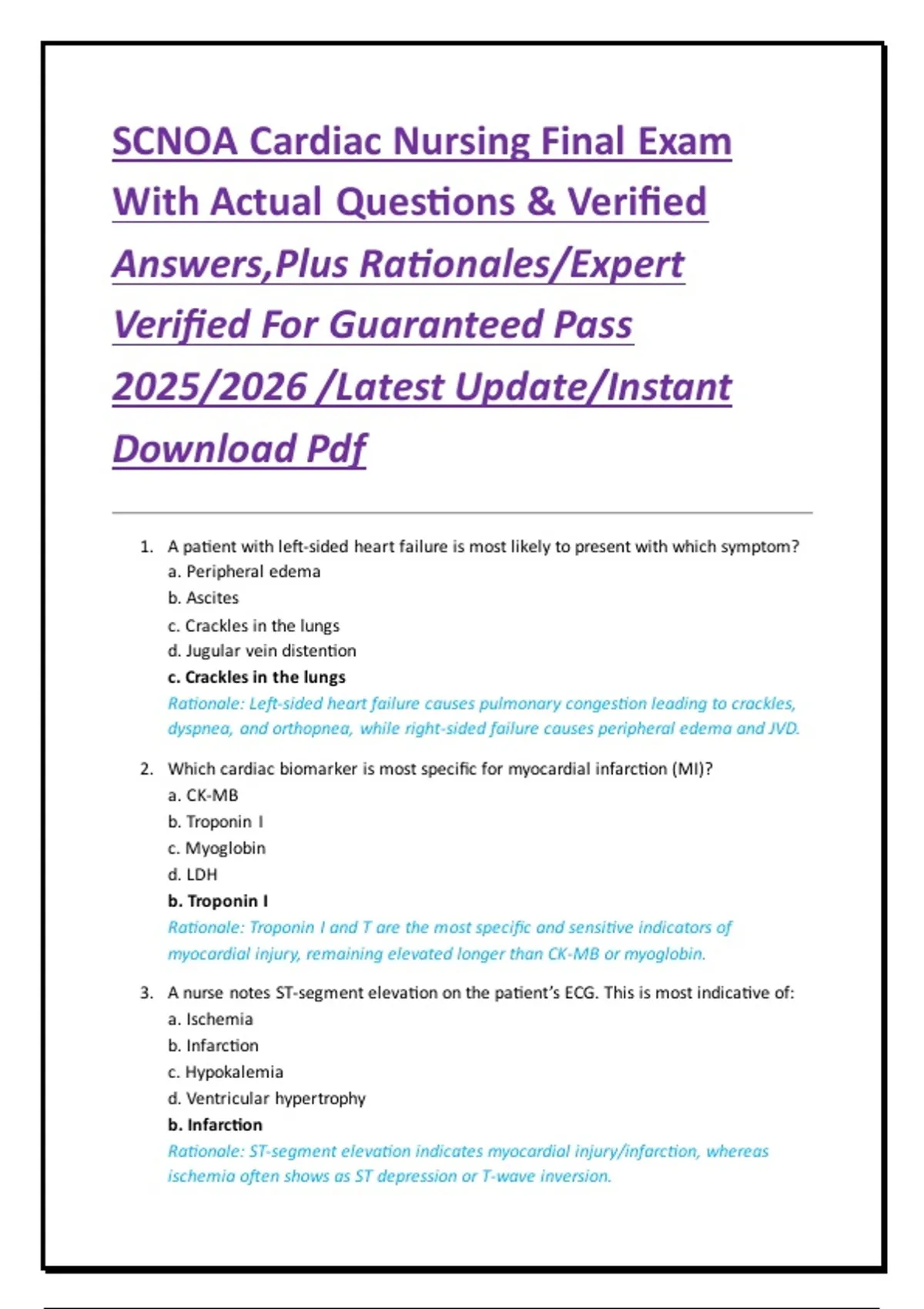 SCNOA Cardiac Nursing Final Exam With Actual Questions & Verified Answers,Plus Rationales/Expert ...