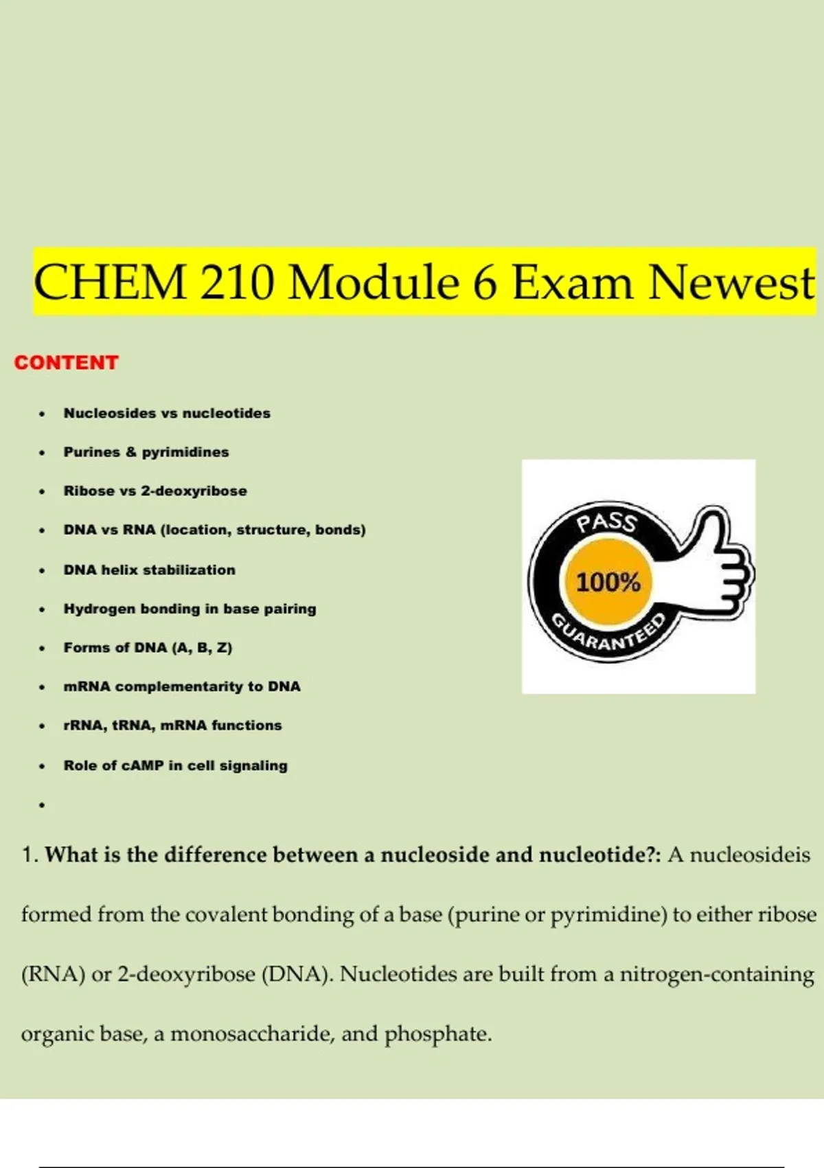 Chem 210 Biochemistry Module 6 Dna Rna And Nucleic Acids Exam Questions Chem 210
