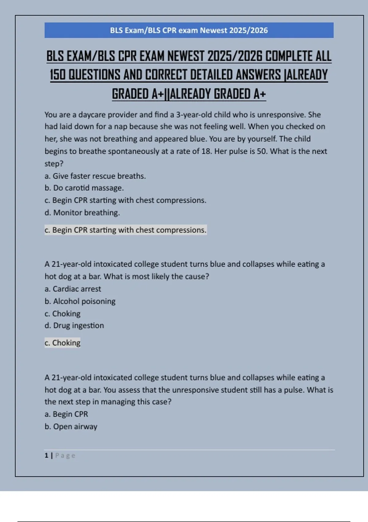 BLS EXAM/BLS CPR EXAM NEWEST 2025/2026 COMPLETE ALL 150 QUESTIONS AND ...