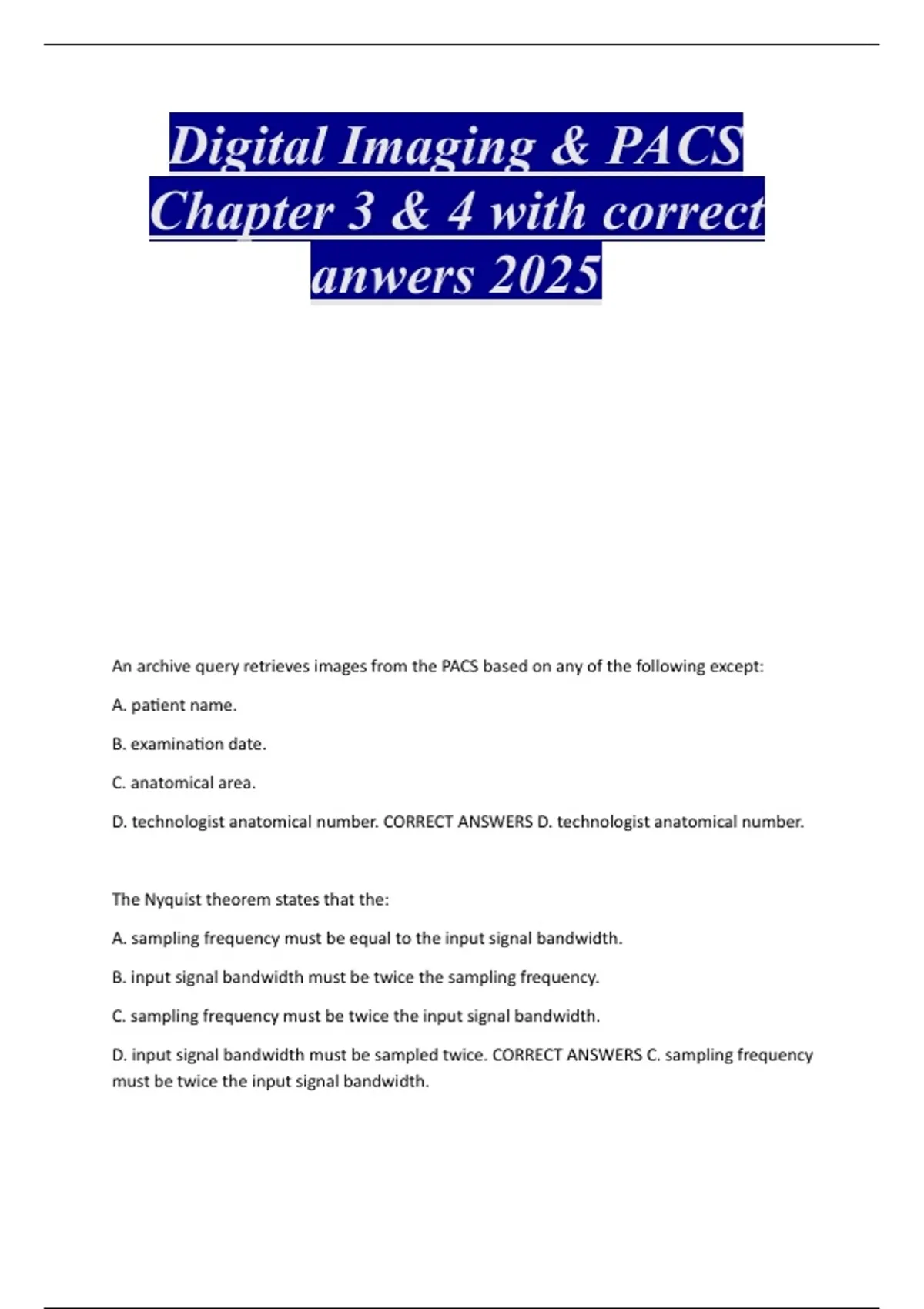 Digital Imaging & PACS Chapter 3 & 4 with correct anwers 2025 - Digital Imaging & PACS Chapter 3 ...