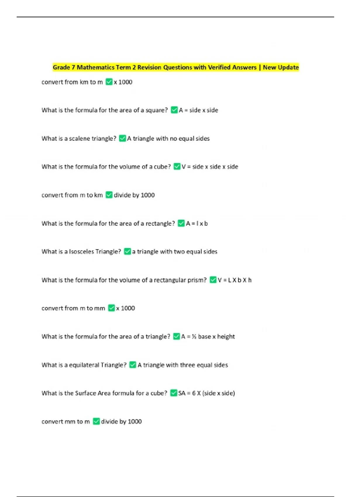 Grade 7 Mathematics Term 2 Revision Questions with Verified Answers ...