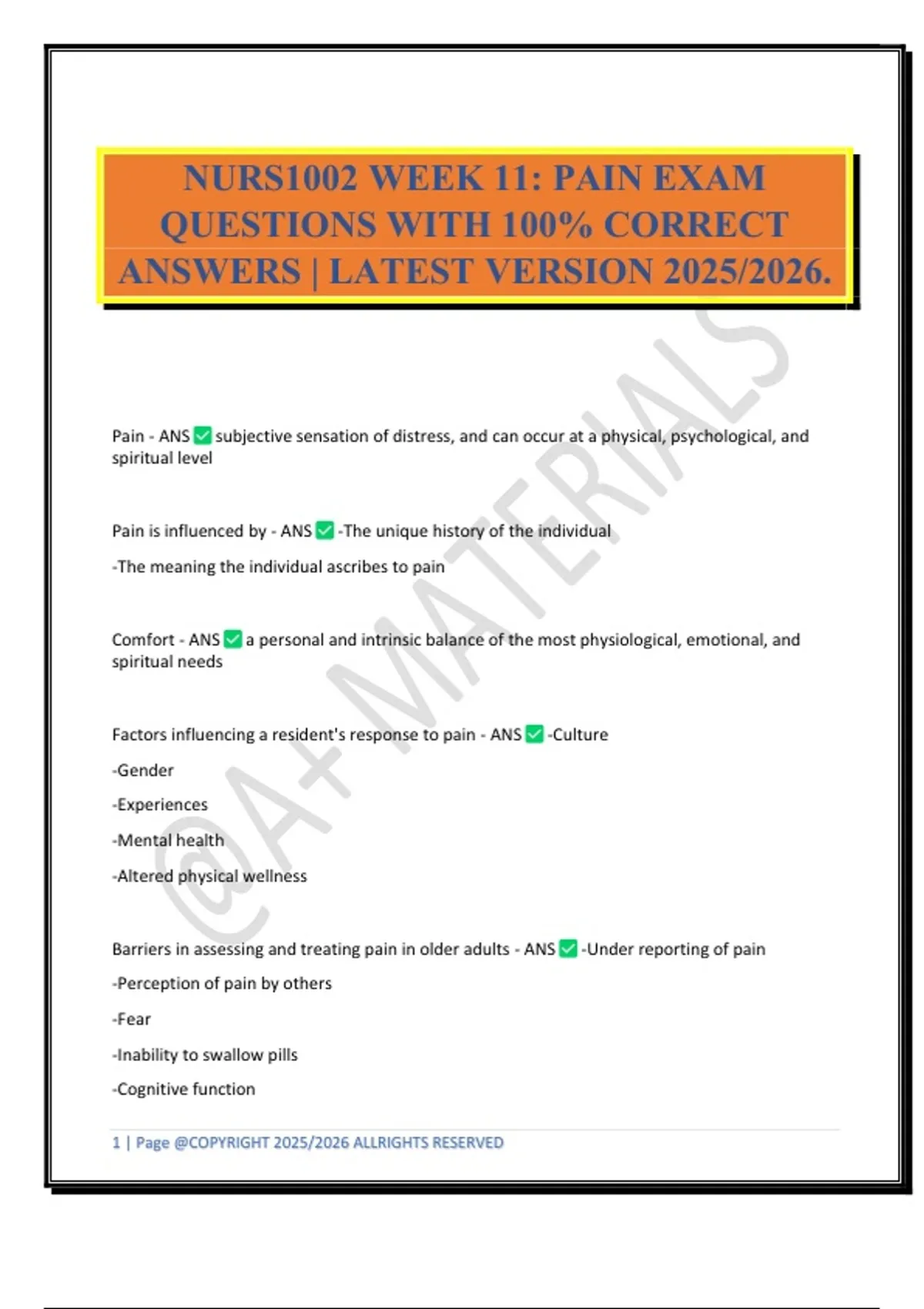 NURS1002 WEEK 11: PAIN EXAM QUESTIONS WITH 100% CORRECT ANSWERS ...