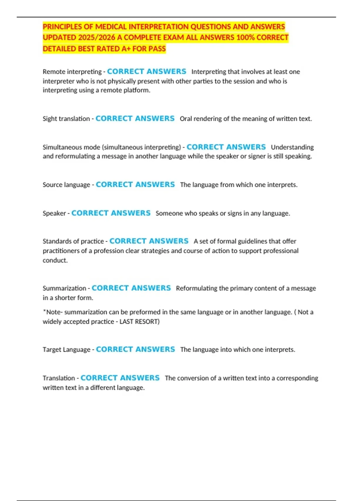 PRINCIPLES OF MEDICAL INTERPRETATION QUESTIONS AND ANSWERS UPDATED 2025 ...