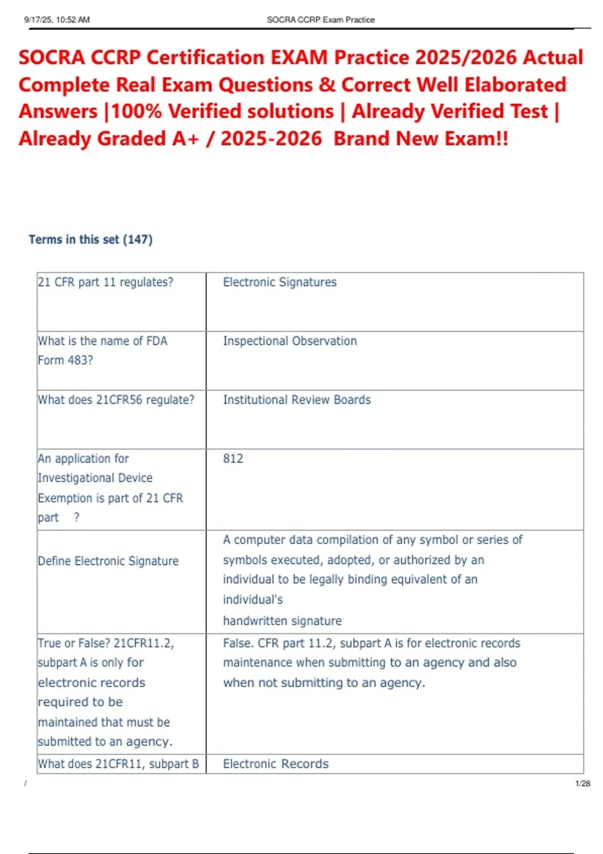 SOCRA CCRP Certification EXAM Practice 2025/2026 Actual Complete Real ...
