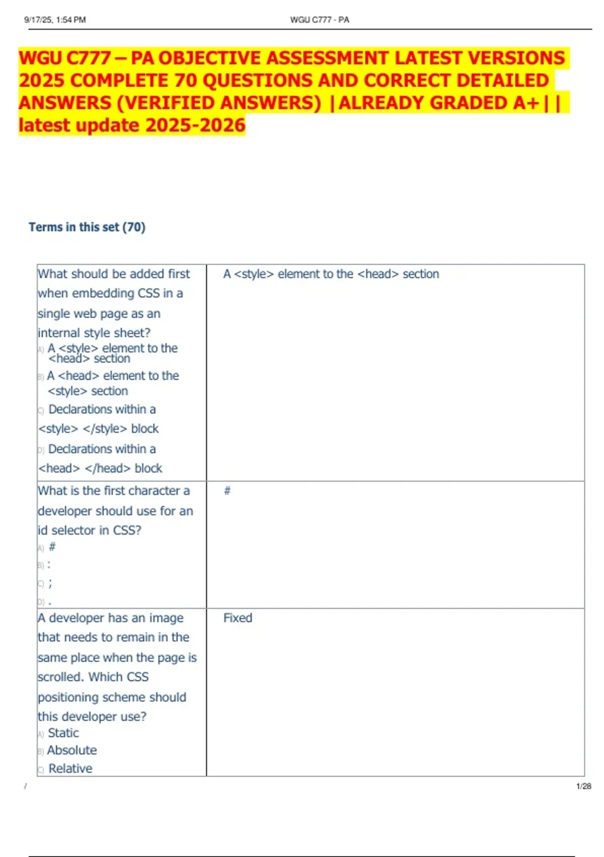 WGU C777 – PA OBJECTIVE ASSESSMENT LATEST VERSIONS 2025 COMPLETE 70 ...