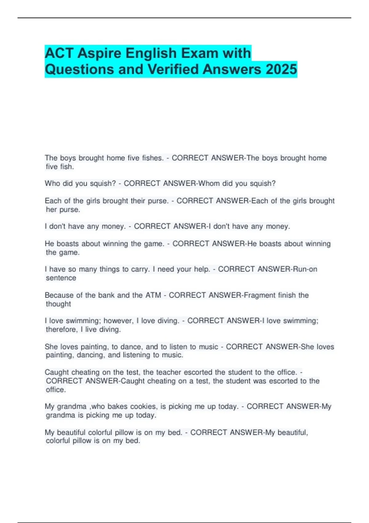 ACT Aspire English Exam with Questions and Verified Answers 2025. - ACT ...